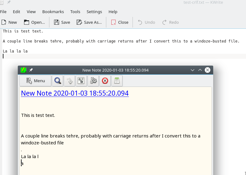 Pasting carriage-return-laden text into Tomboy-ng on Linux (KDE) messes ...