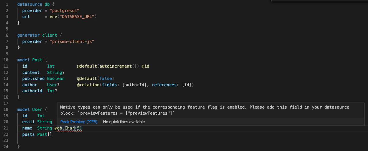 Quick Fix adding native Types preview Feature when using native types · Issue #472 · prisma ...