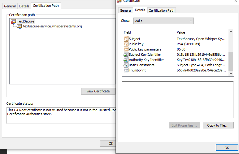 SSL: Self-signed certificate in Certificate Chain - textsecure-service.whispersystems.org ...