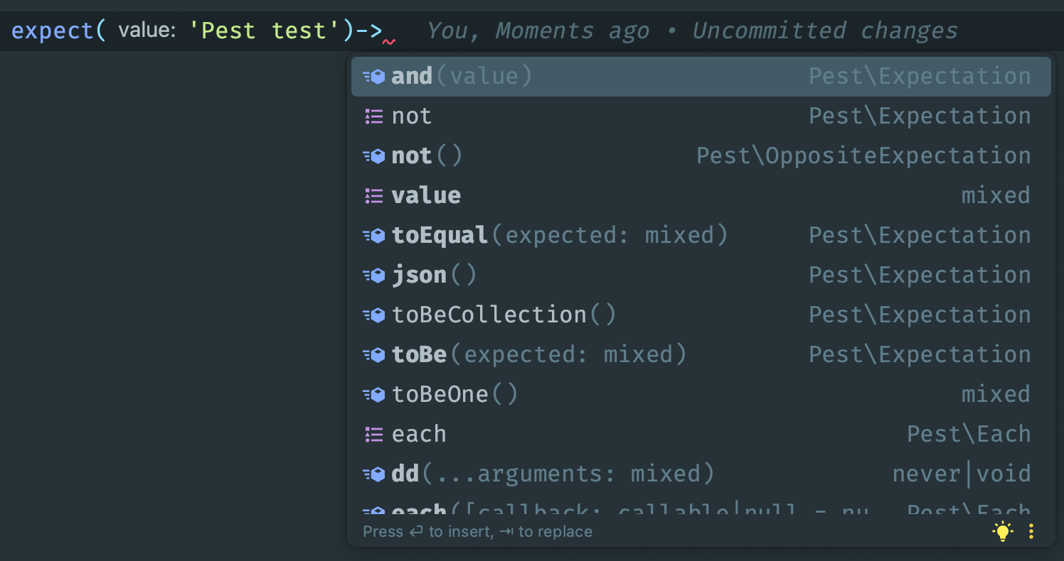No Pest\Expectation suggestions in Pest 2.13 in Laravel 10 · Issue #903 · pestphp/pest · GitHub