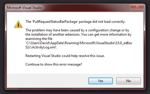GitHub Extensions "PullRequestStatusBarPackage did not load correctly" error. · Issue #2072 ...