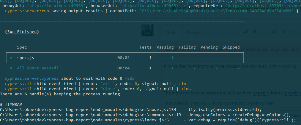 Using Cypress Module Api Prevents Script From Exiting · Issue 7367