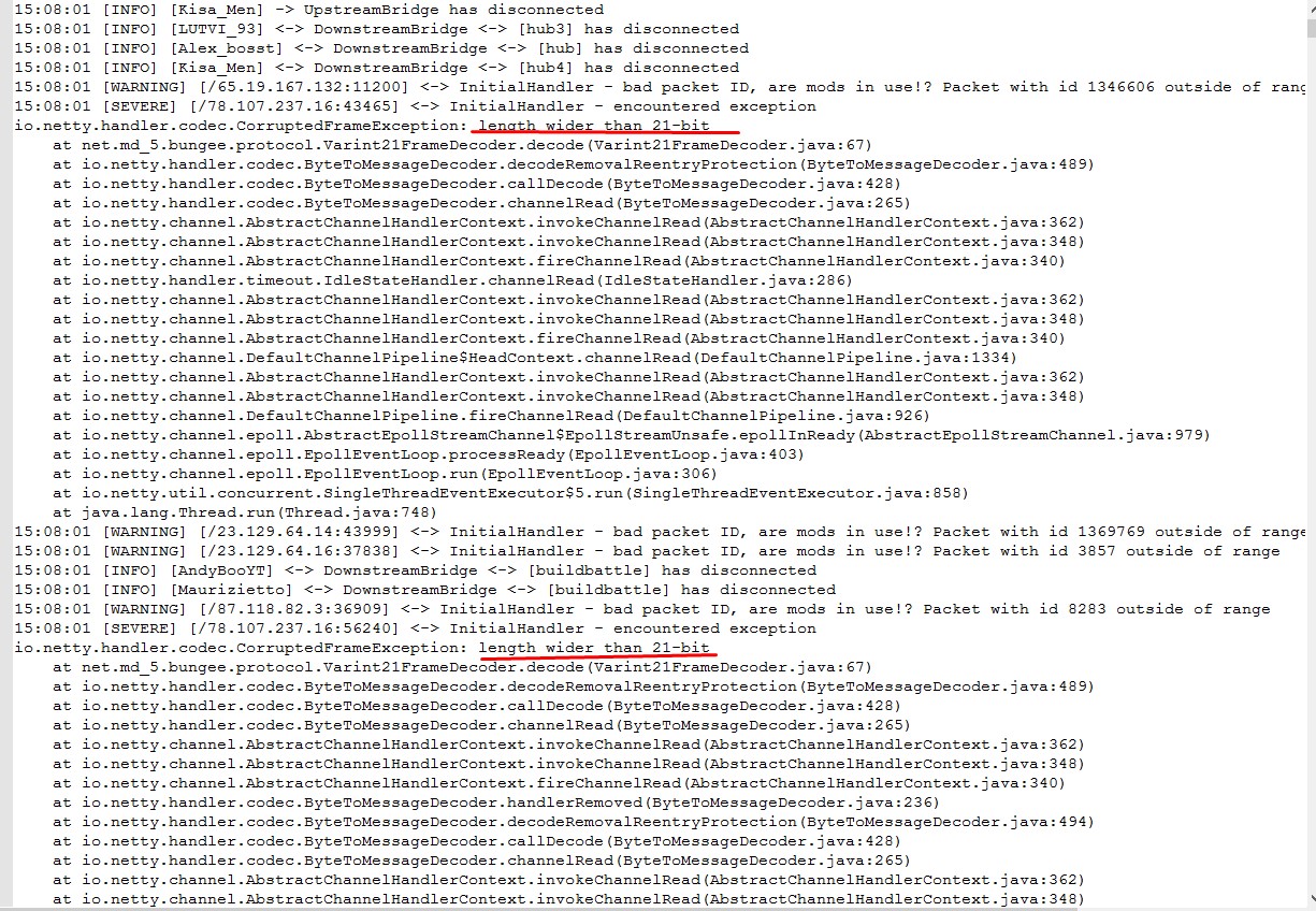 CorruptedFrameException · Issue #2230 · SpigotMC/BungeeCord · GitHub