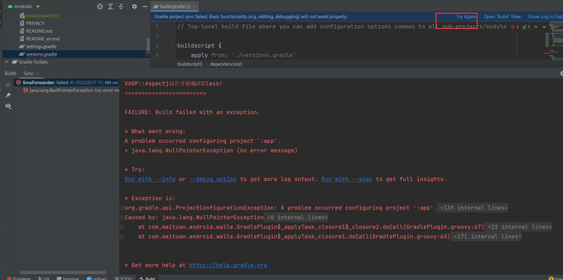 [Bug]: 构建问题，gradle同步失败 · Issue #216 · pppscn/SmsForwarder · GitHub