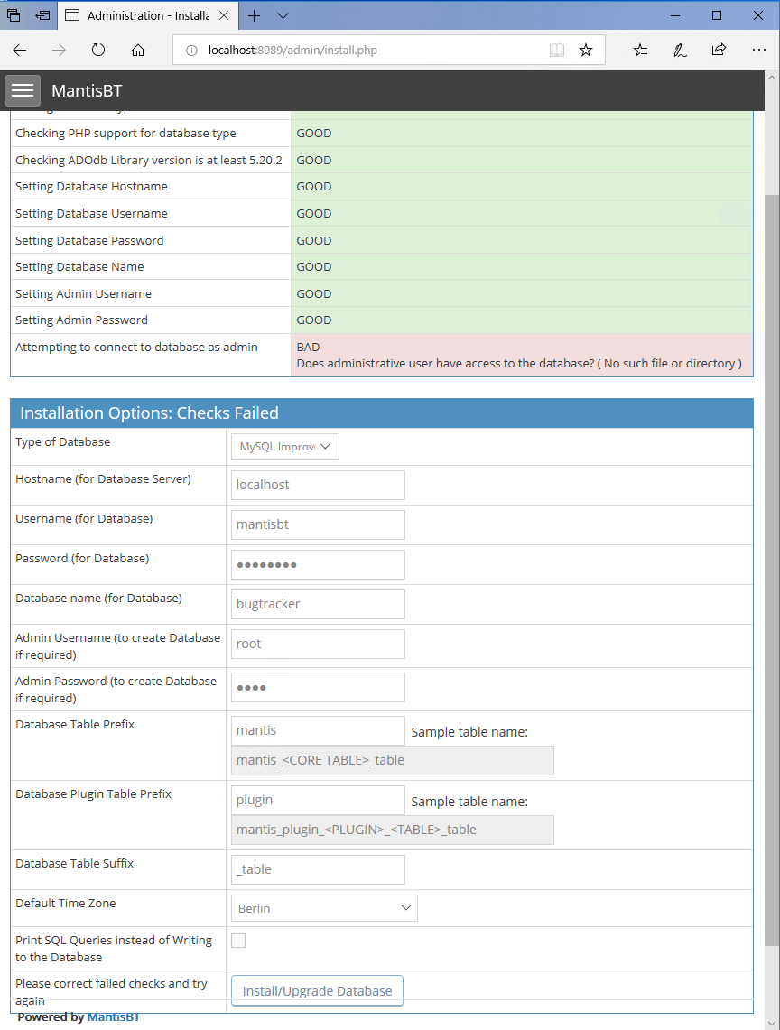 Error while installing: Does administrative user have access to the database? ( No such file or ...