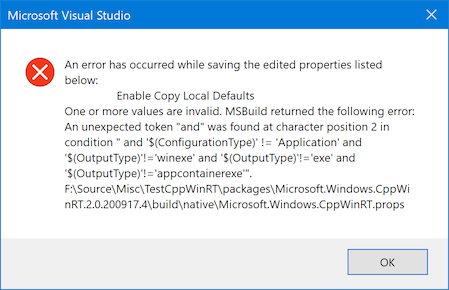 MSBuild error when "Enable Copy Local Defaults ...