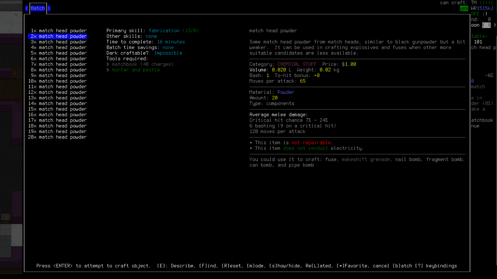 crafting match head powder: allowed to start crafting more than can be ...