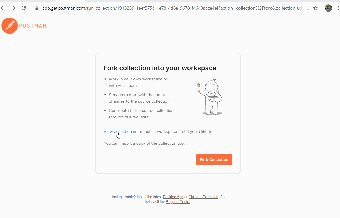 "View collection in the public workspace first if you'd like to." not ...