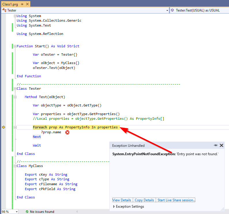 "Entry point was not found" exception. ForEach over GetProperties() · Issue #246 · X-Sharp ...