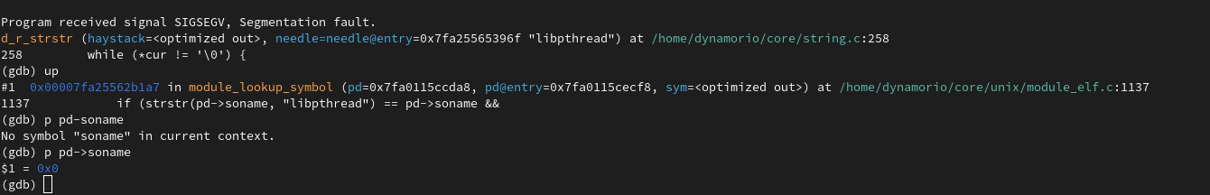 CRASH: DR ELF code does not check for NULL soname · Issue #5554 · DynamoRIO/dynamorio · GitHub