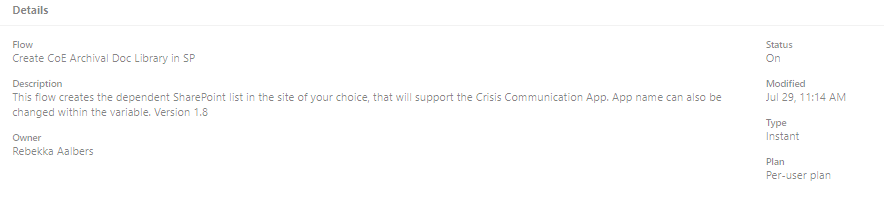 [BUG]: Flow description of Create CoE Archival Doc Library in SP points to Crisis Communication ...