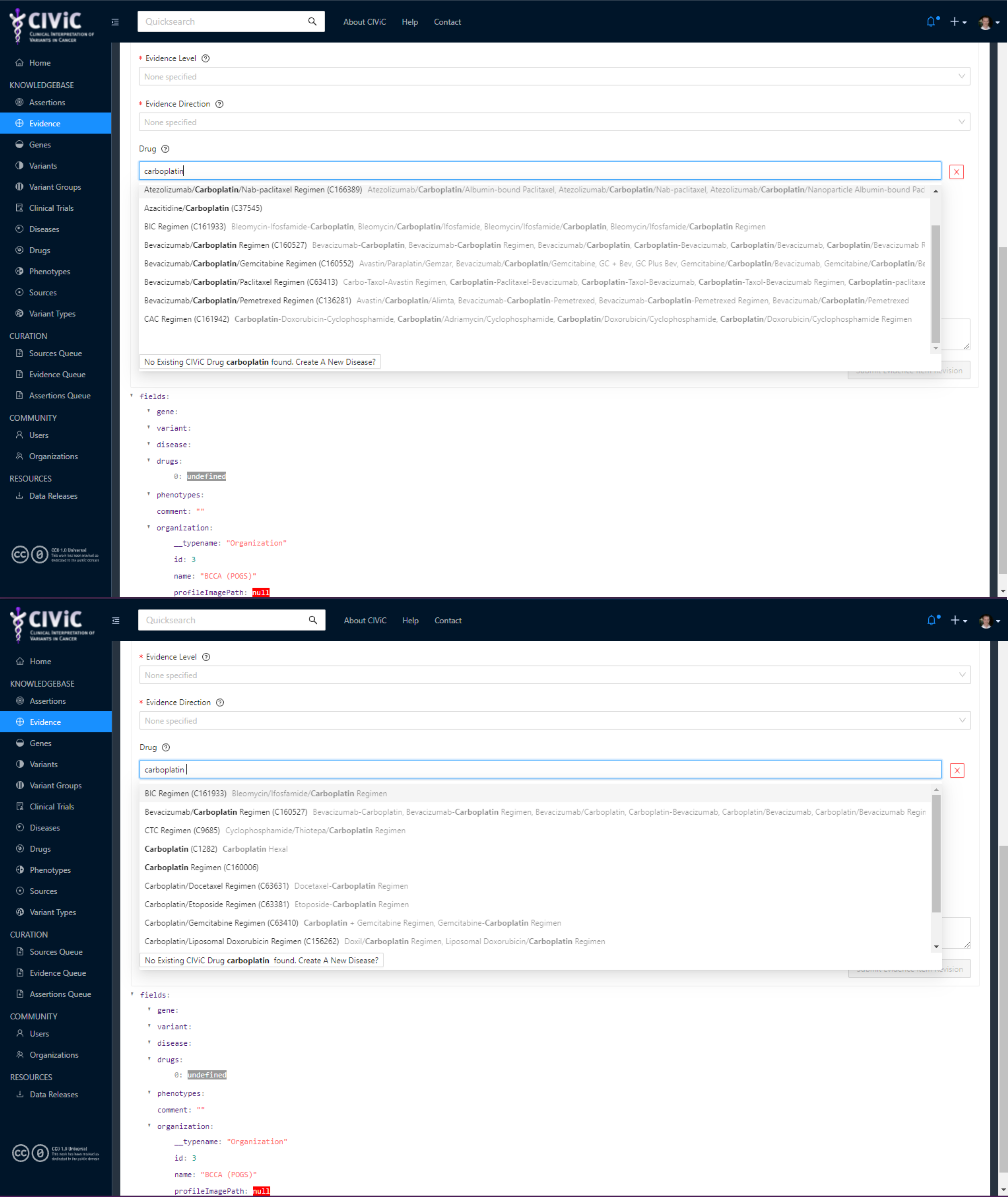 Drug name drop-down in Add Evidence form not showing expected term · Issue #338 · griffithlab ...