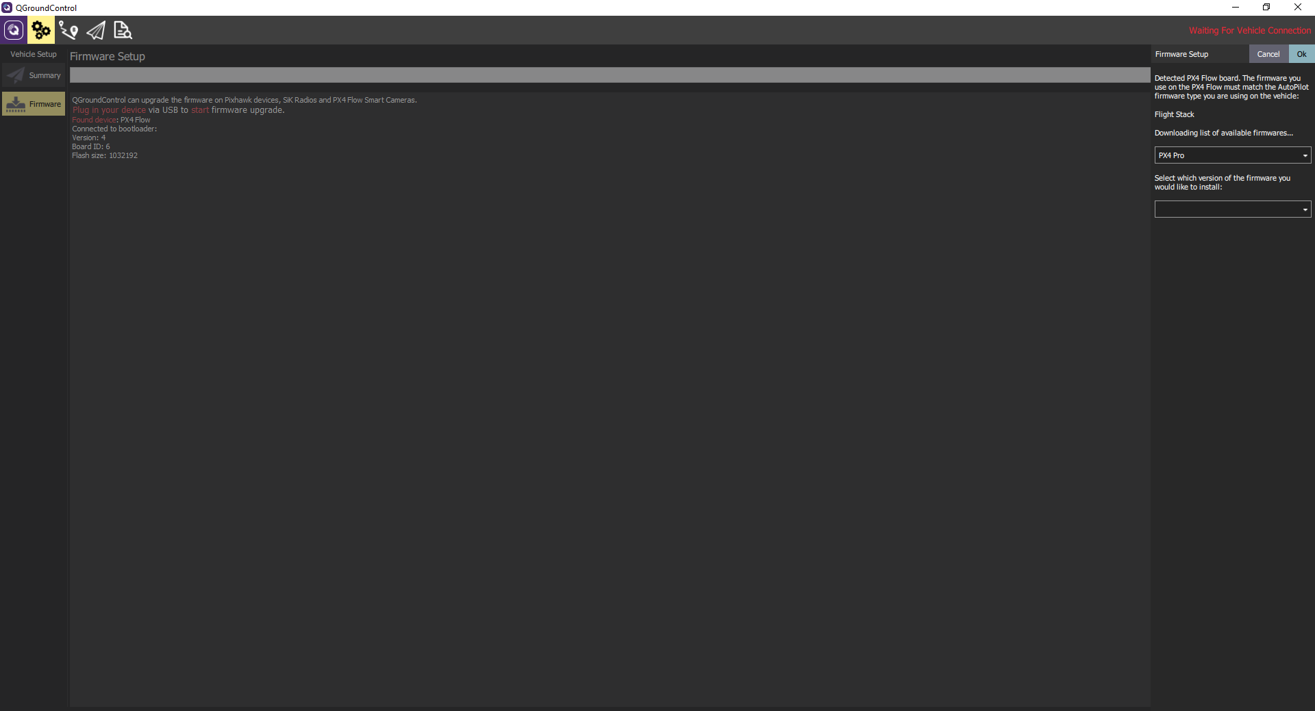 Unable to select custom firmware for px4flow · Issue #8918 · mavlink/qgroundcontrol · GitHub