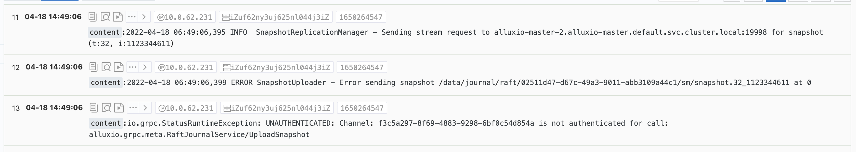 What causes io.grpc.StatusRuntimeException: UNAUTHENTICATED: Channel: xx is not authenticated ...