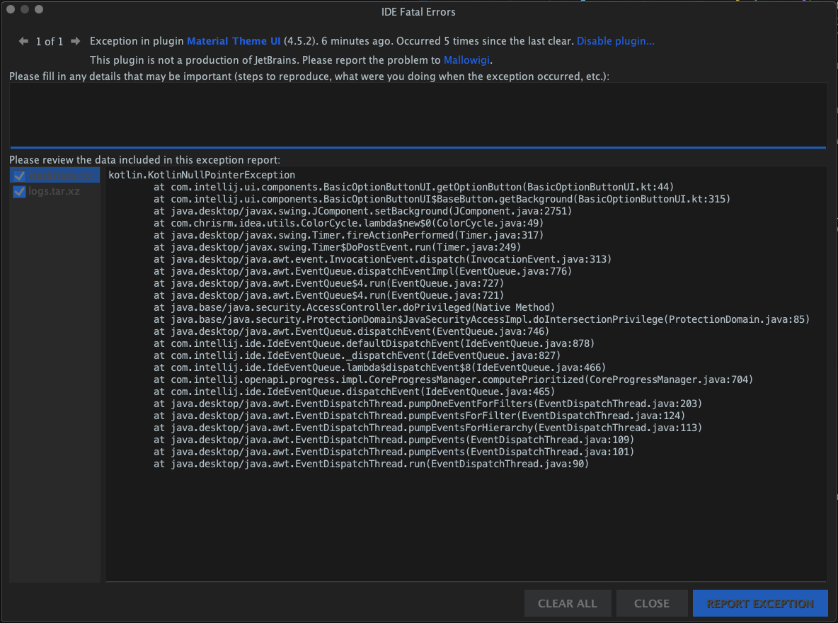 NullPointerExceptions on MacOS · Issue #1415 · ChrisRM/material-theme-jetbrains · GitHub