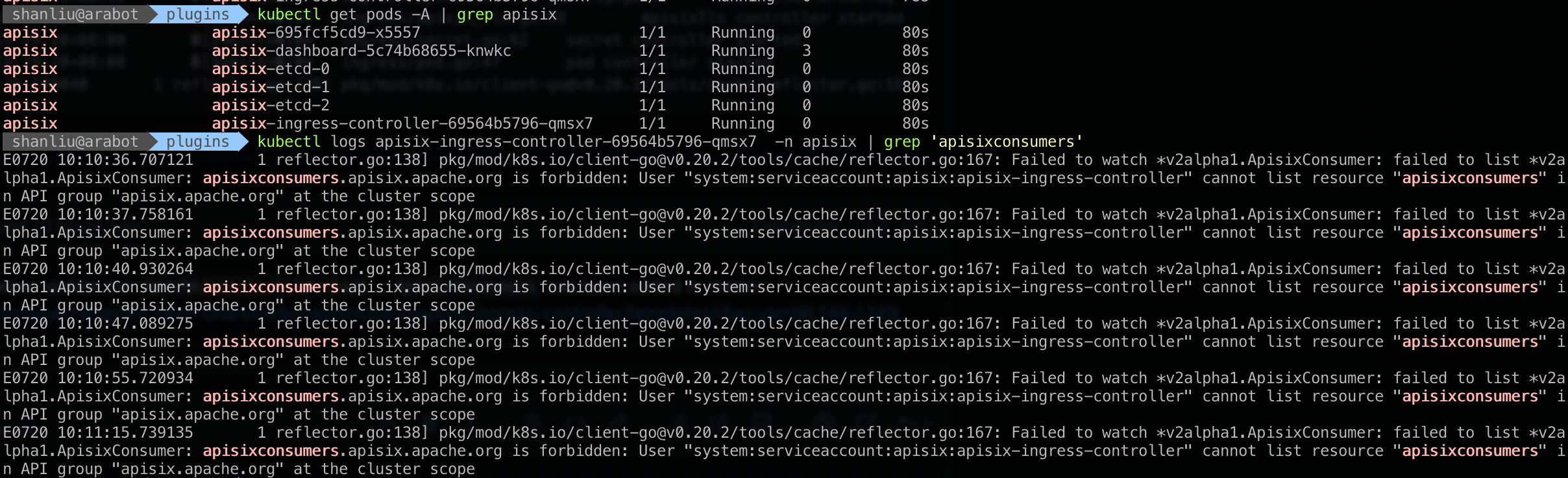 the apisixconsumers is missing which is resource of apiGroups defined as "apisix.apache.org" in ...