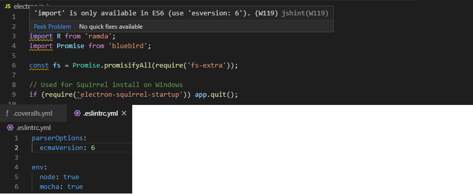JSHint: Asking for ECMAScript6 while I already have a eslint file ...