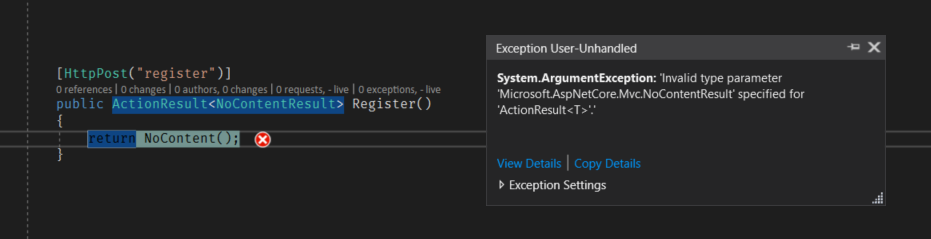 Invalid Type Parameter Microsoft Aspnetcore Mvc Nocontentresult Specified For Actionresult