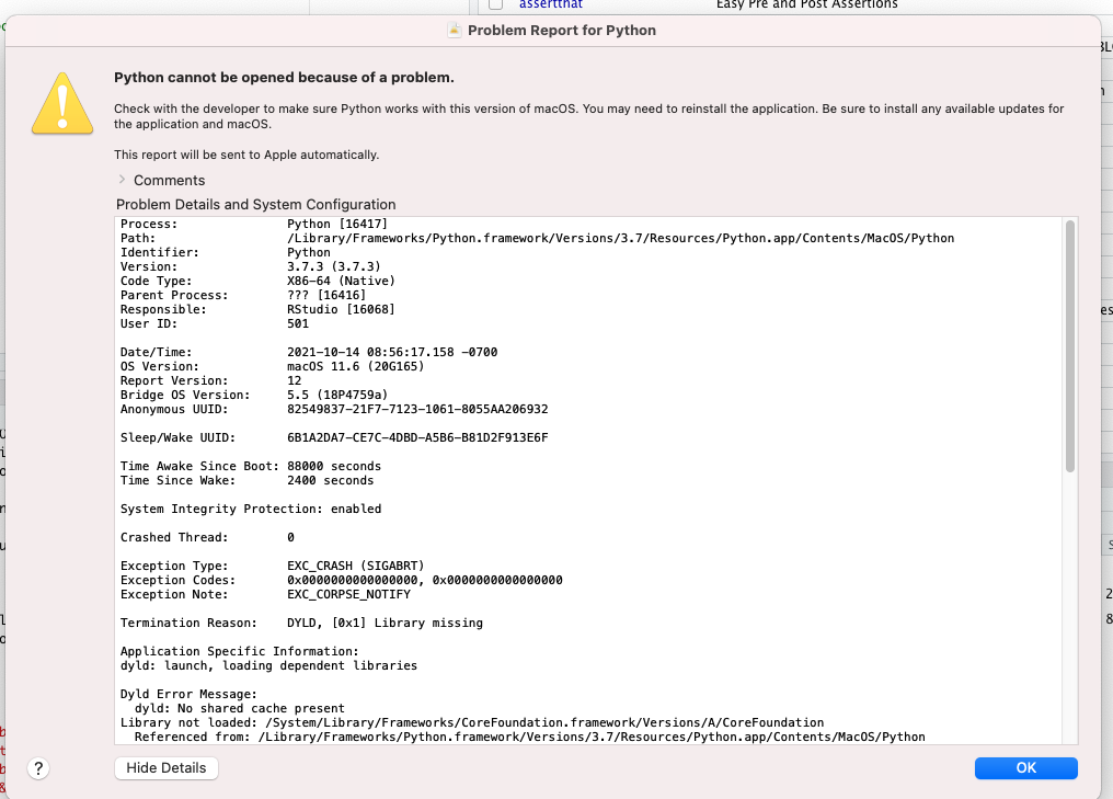 Python interpreters search results in "dyld: No shared cache present ...