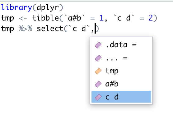 Fix autocompletion of column names with "#" in `dplyr::select ...