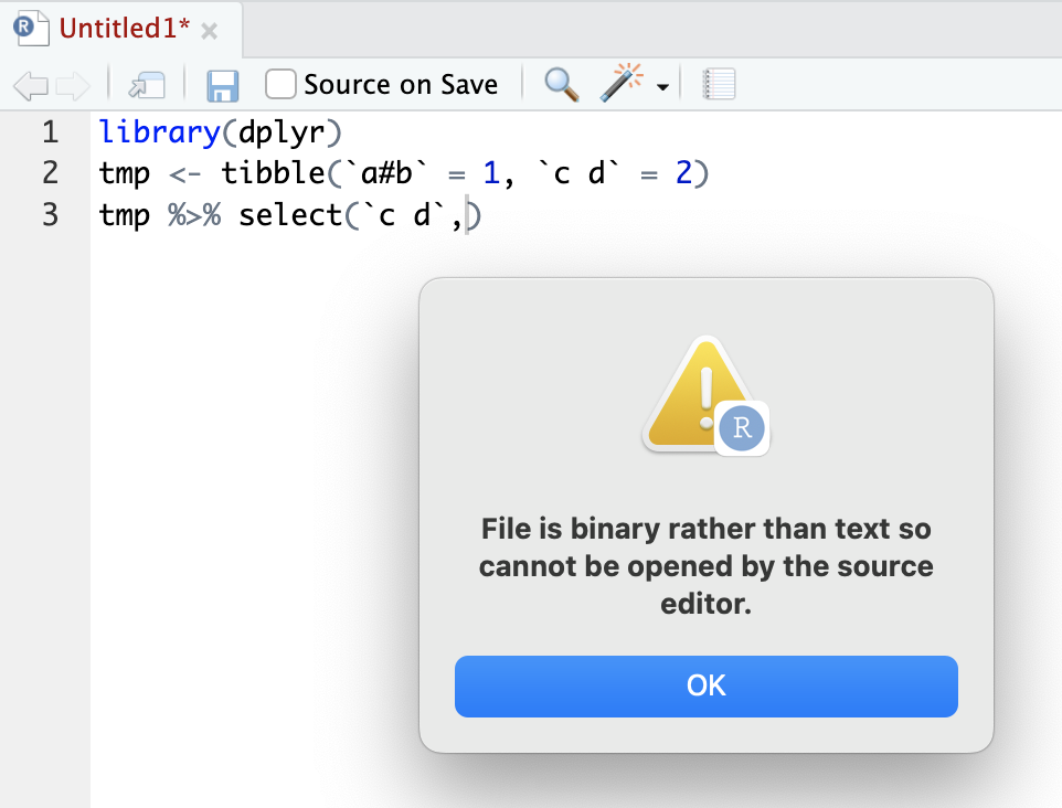 RStudio sometimes complains that a text-only file can't be saved because it's in binary format ...