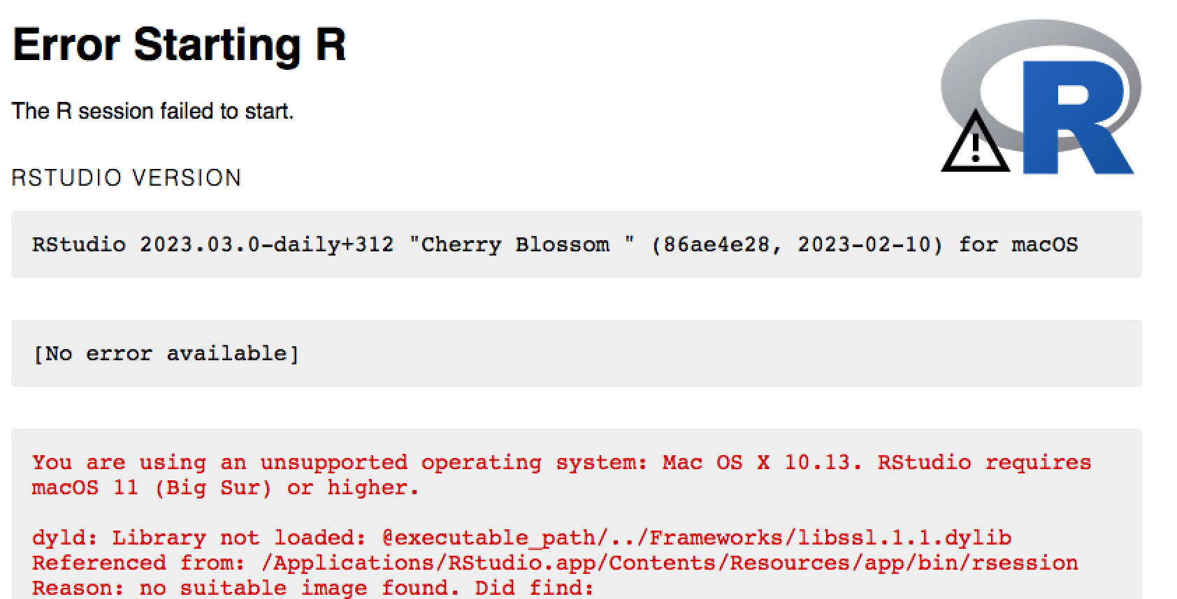 Better error when starting on unsupported macOS · Issue #12607 · rstudio/rstudio · GitHub