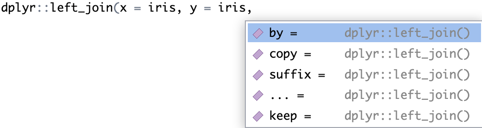 `dplyr` join autocompletions missing argument suggestions · Issue #13415 · rstudio/rstudio · GitHub