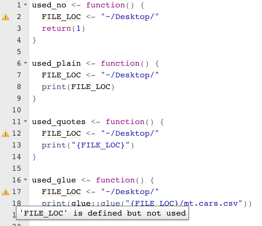 "Is defined but not used" code diagnostic warning does not account for use in glue string ...