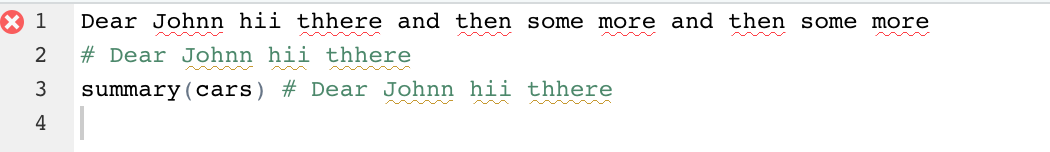 Every other word in R source code is getting identified as misspelled ...