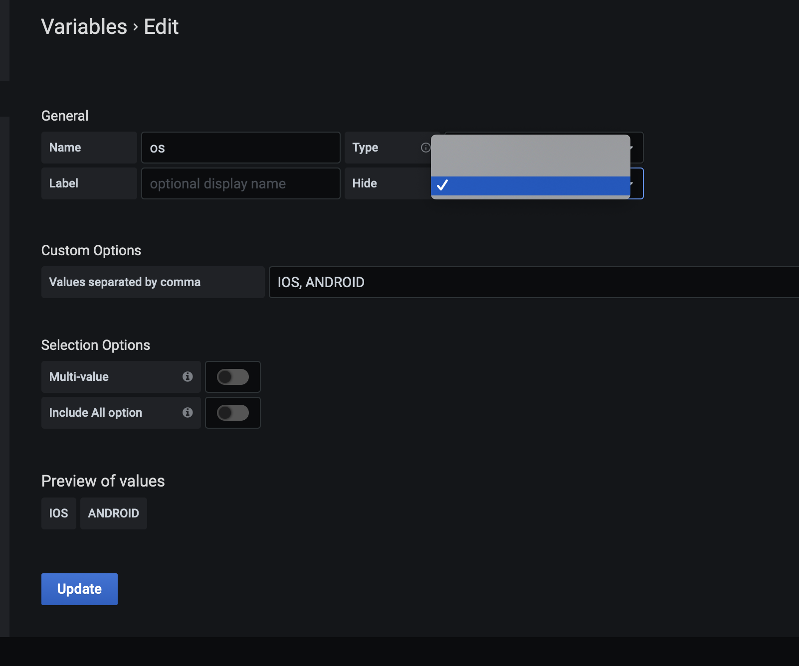 Variables: Can't see hide option content in variable settings · Issue ...