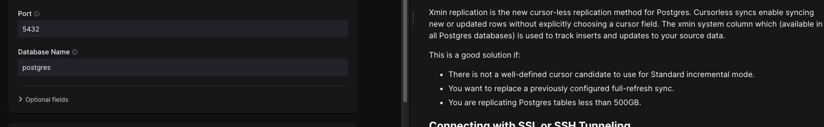Postgres source connector lacking notice about `xmin` incremental being incompatible with views ...
