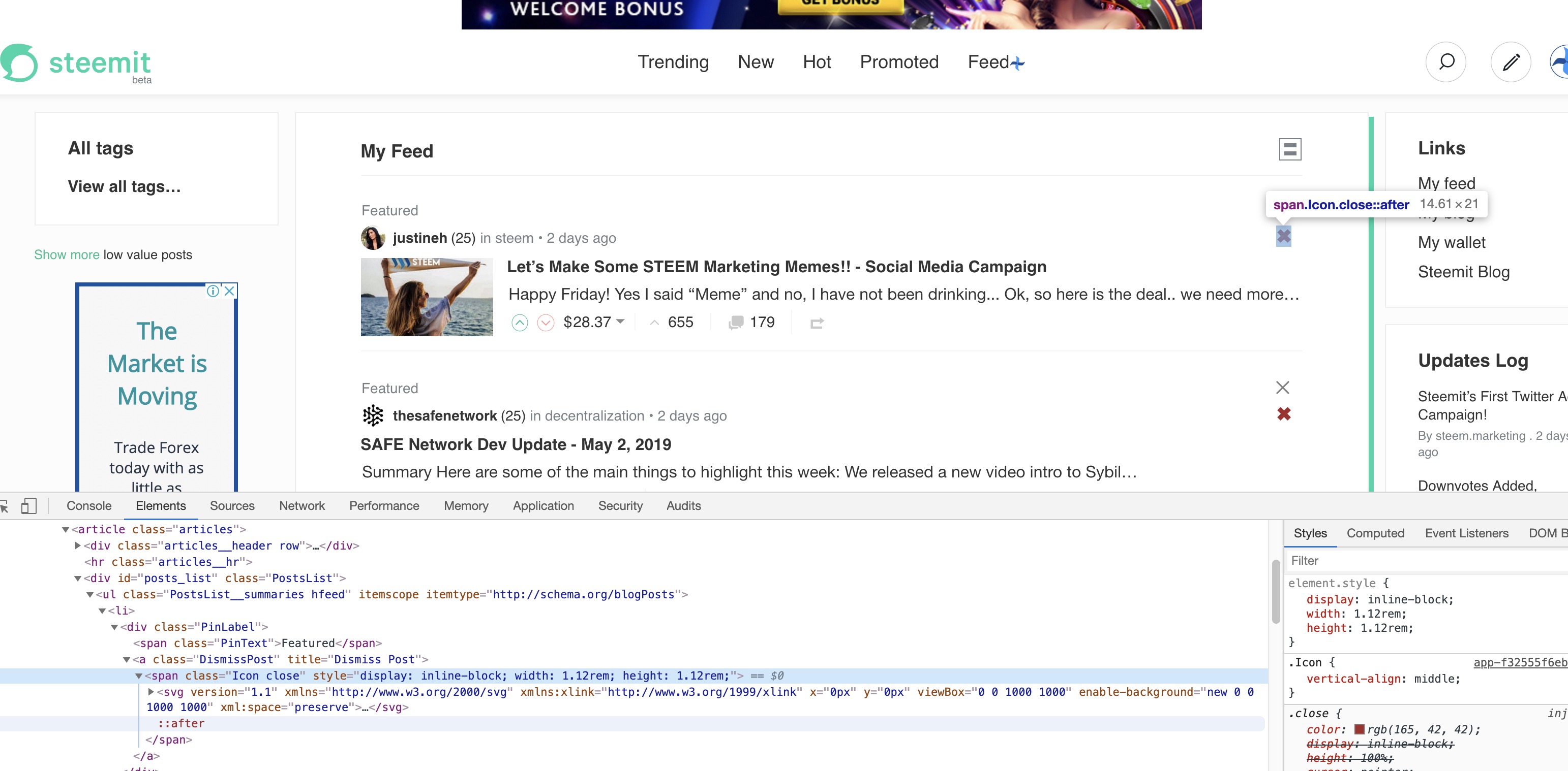 Dismiss post close button appearing twice in user's feed · Issue #3314 · steemit/condenser · GitHub