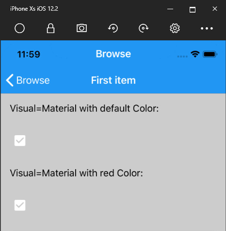 [Bug] CheckBox on iOS with Visual=Material ignores color setting ...