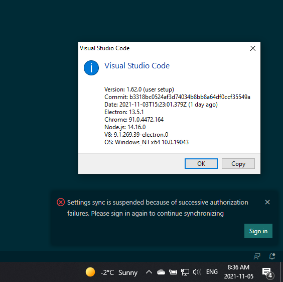 "Settings sync suspended because of successive authorization failures" despite already being ...