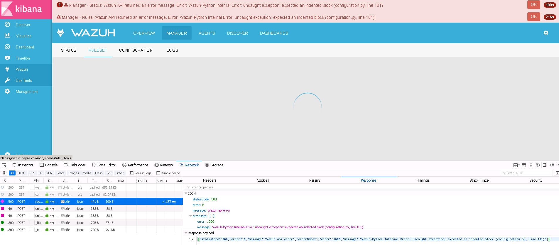 Manager - Status: Wazuh API returned an error message. Error: Error getting configuration ...