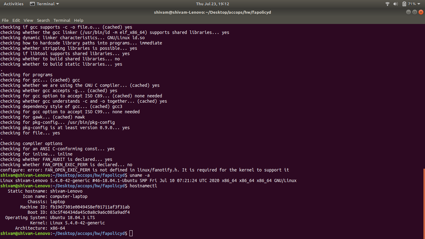 configure: error: FAN_OPEN_EXEC_PERM is not defined in linux/fanotify.h. It is required for the ...