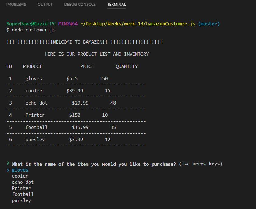 GitHub - db2147/Bamazon: Bamazon is a command line app with an Amazon-like storefront using the ...