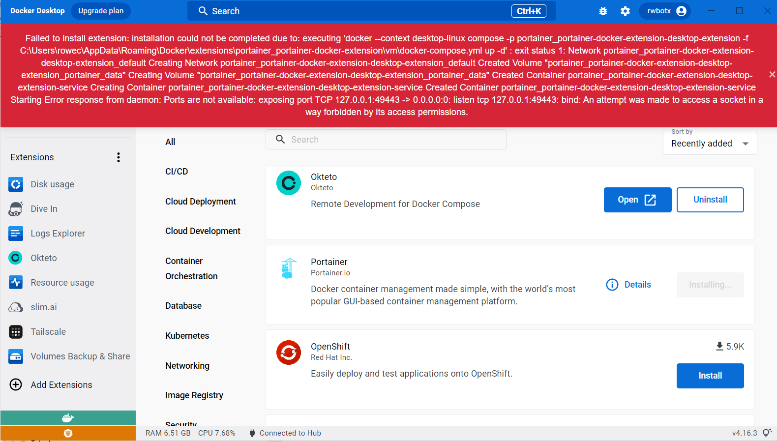 Unavailable Port Error when installing Extension on Docker Desktop · Issue #8463 · portainer ...