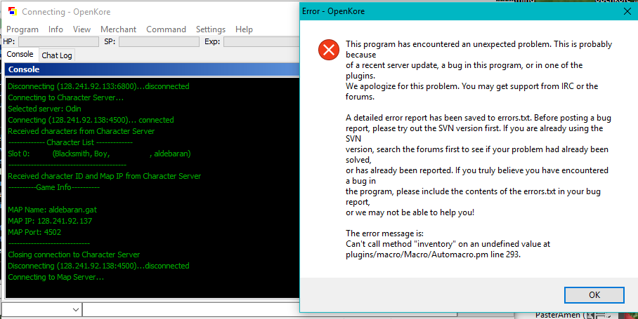 Can't connect to Openkore if my bot starts in Al De Baran · Issue #1068 · OpenKore/openkore · GitHub