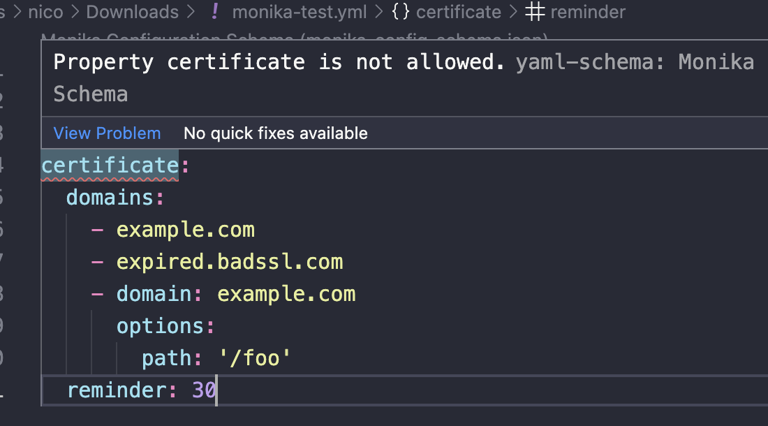 certificate key is missing from JSON schema · Issue #798 · hyperjumptech/monika · GitHub