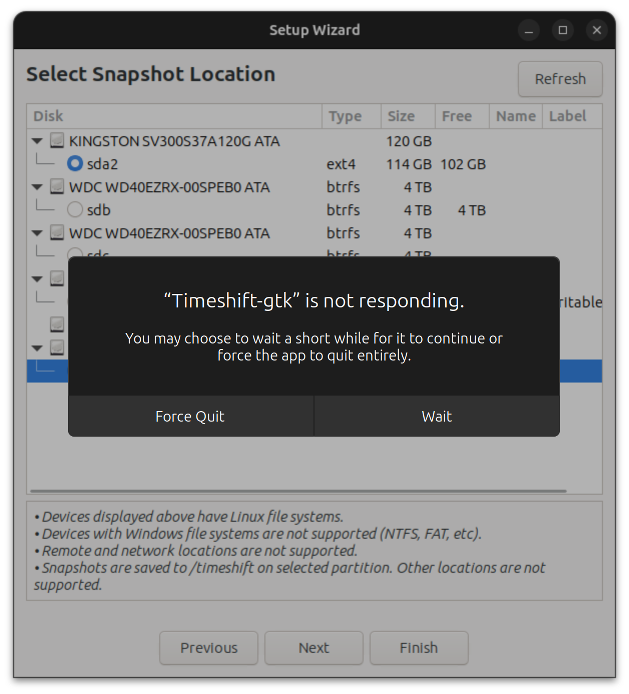 Freeze in timeshift-gtk when clicking on anything related to BTRFS · Issue #232 · linuxmint ...