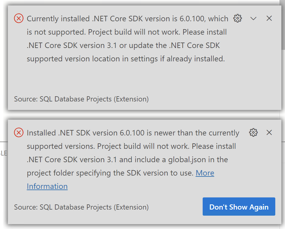 Sql Database Projects Is Showing Unsupported Net Sdk Version Warning 1238