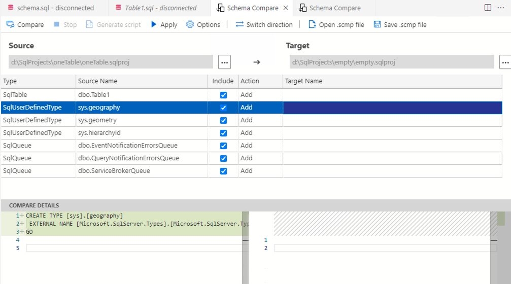 Schema compare of two objects showing more differences than expected ...