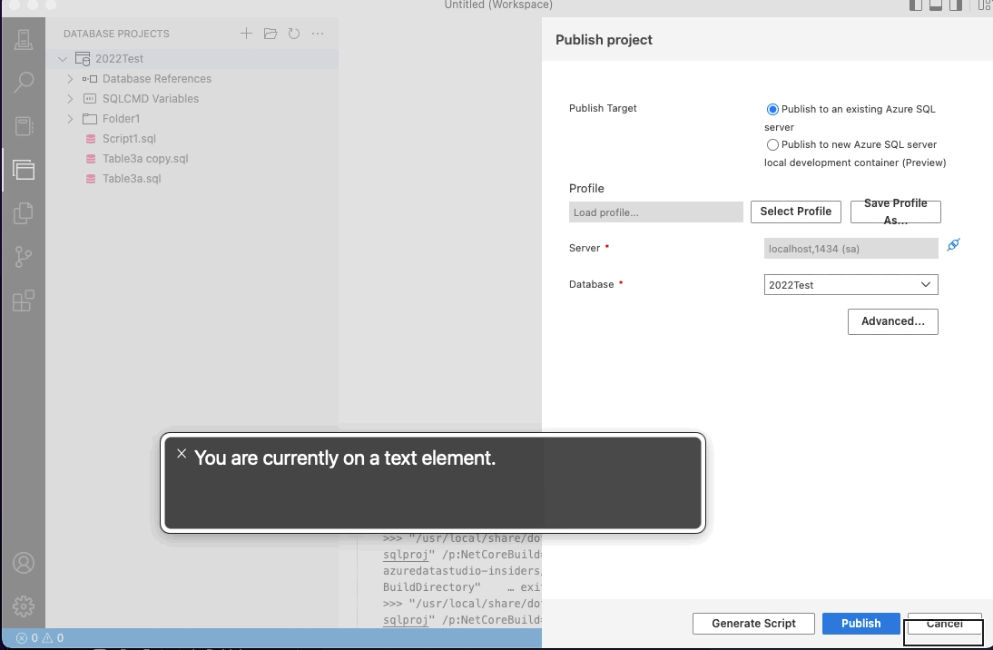 A11y_SQLdatabase projects extension_Publish_Generate script_Status Messages: Voiceover is not ...