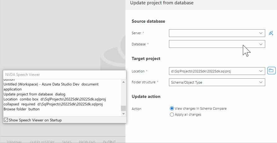 A11y_SQL database projects extension_View And More Action_Update Project From Database_Name Role ...