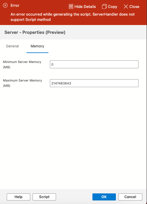 Error when changing Maximum Server Memory · Issue #23652 · microsoft/azuredatastudio · GitHub