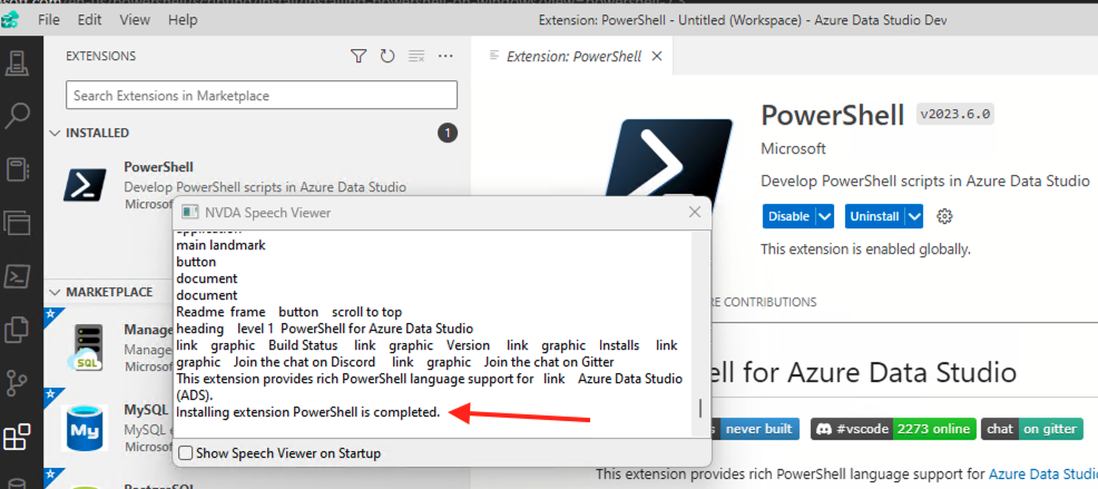 A11y_SQL Azure Data Studio_Extensions - install_Screen reader: After invoking "Install" button ...
