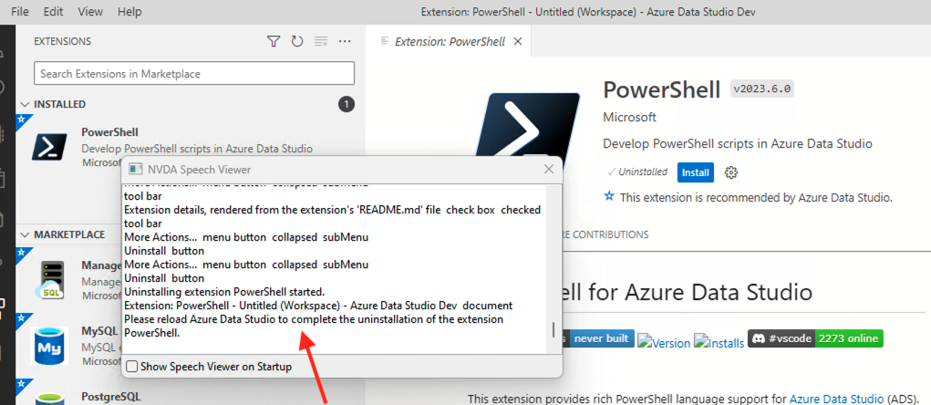A11y_SQL Azure Data Studio_Extensions - install_Screen reader: After invoking "Install" button ...