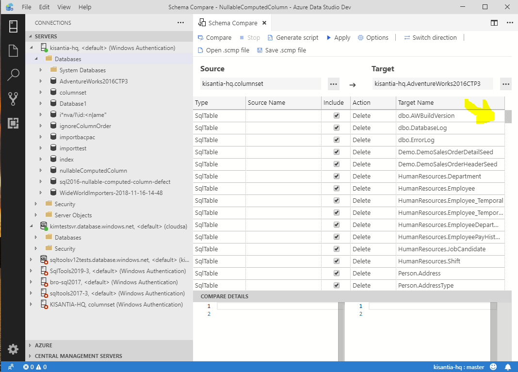 Schema compare differences table scrollbar missing · Issue #6163 · microsoft/azuredatastudio ...