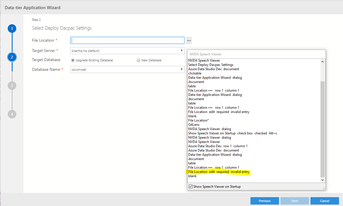 A11y_AzureDataStudio(Schema,Dacpac,Backup)_ Deploy Dacpac Settings_Screenreader: NVDA is not ...